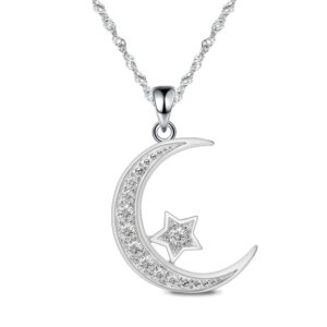 gemschest 925 sterling silver moon necklace cubic zirconia crescent moon star phase pendant necklace dainty chain 18" chain silver necklace for mom women ladies (crescent moon)