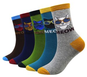 wish island men's 5 packs animal socks cat gifts cute fun crazy cotton casual crew socks (cat)