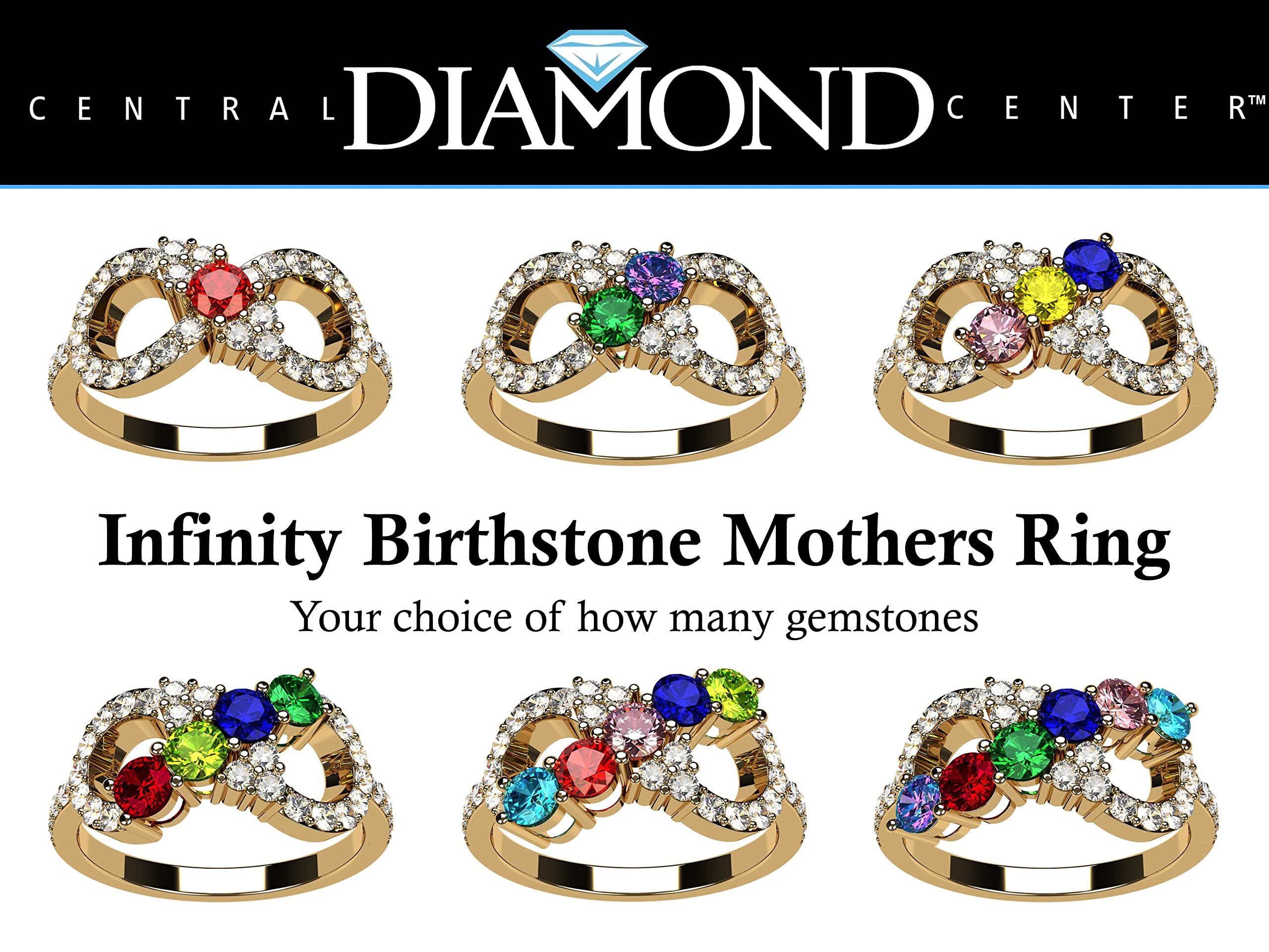 Central Diamond Center Infinity Mothers Ring with 1 to 6 Simulated Birthstones - 14k Yellow - Size 5