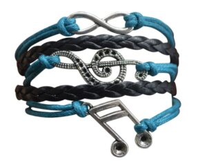 infinity collection - charm bracelet with music symbols treble clef & music note (teal), bracelets for women, teens. adjustable bracelet for musicians