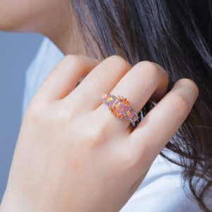 CiNily Rhodium Plated Created Orange Fire Opal Orange Garnet Women Jewelry Gemstone Ring Size 6