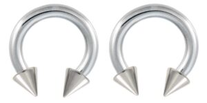 playful piercings pair of spike gunmetal silver hypoallergenic 316l stainless surgical steel horseshoe ring lip, belly, nipple, cartilage, tragus, septum, earring hoop - 10g, 3/8"