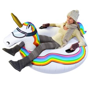 gofloats winter snow tube - inflatable sled for kids and adults (choose from unicorn, disney's frozen, ice dragon, polar bear, penguin, flamingo)