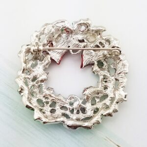 SELOVO Silver Tone Wreath Green Red Austrian Crystal Round Brooch Pin