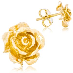 solid 14k yellow gold rose flower stud earrings handcrafted style 3/8 inch with post and friction back | 2.0g