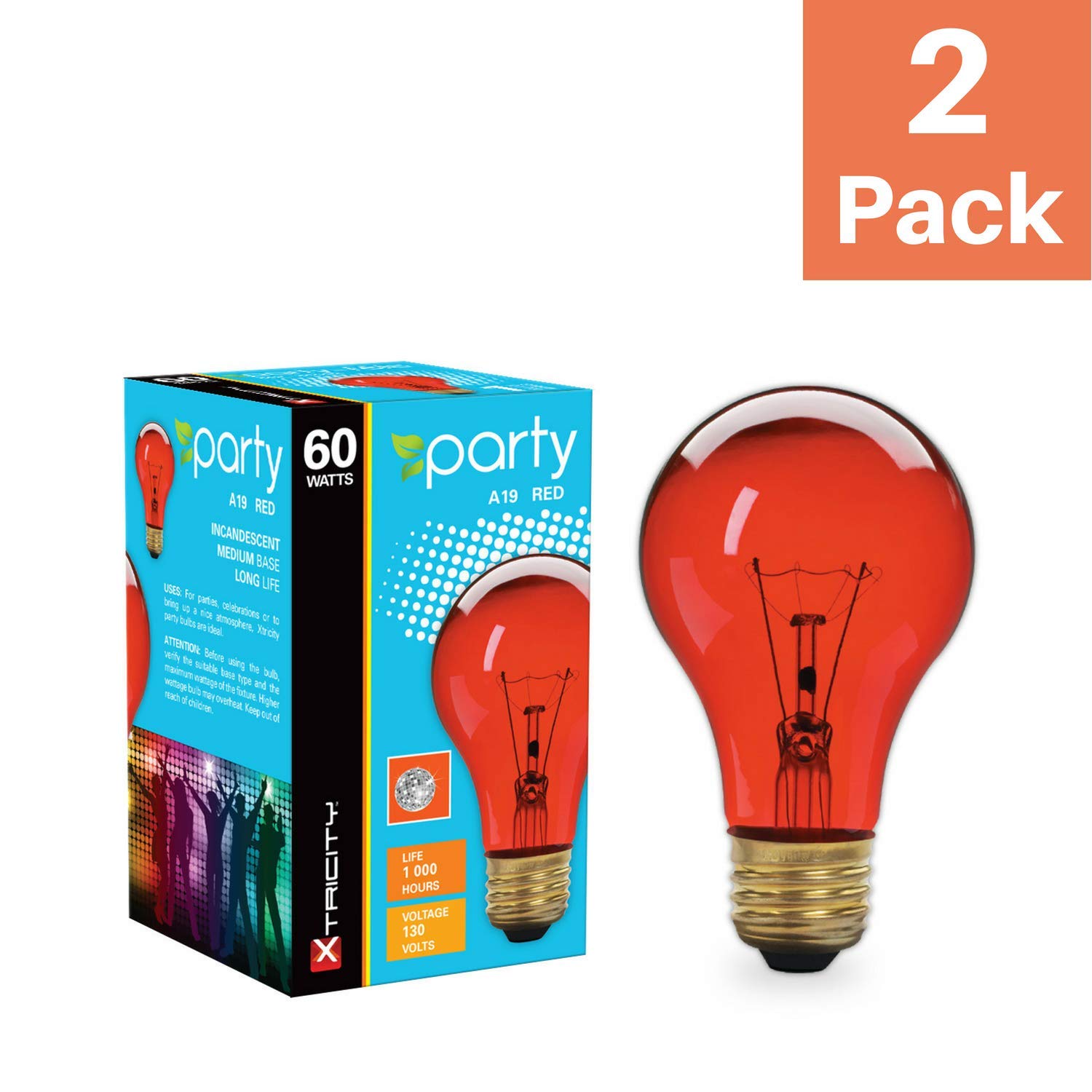 Xtricity A19 Incandescent Colored Light Bulb, 60W, E26 Medium Base, 130V, Red (2 Pack)