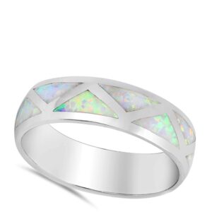 White Simulated Opal Triangle Grid Wedding Ring .925 Sterling Silver Band Size 9