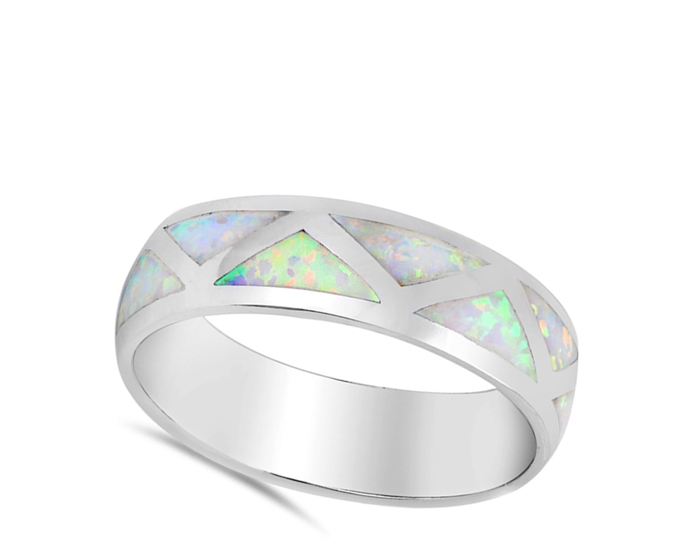 White Simulated Opal Triangle Grid Wedding Ring .925 Sterling Silver Band Size 9