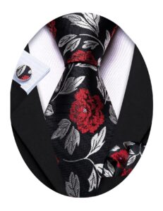 barry.wang men's classic floral necktie set,black red,one size