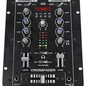 Rockville 2 Channel DJ Mixer with USB, Cue Monitor, Talkover, 4 Line Inputs (RDJ2)