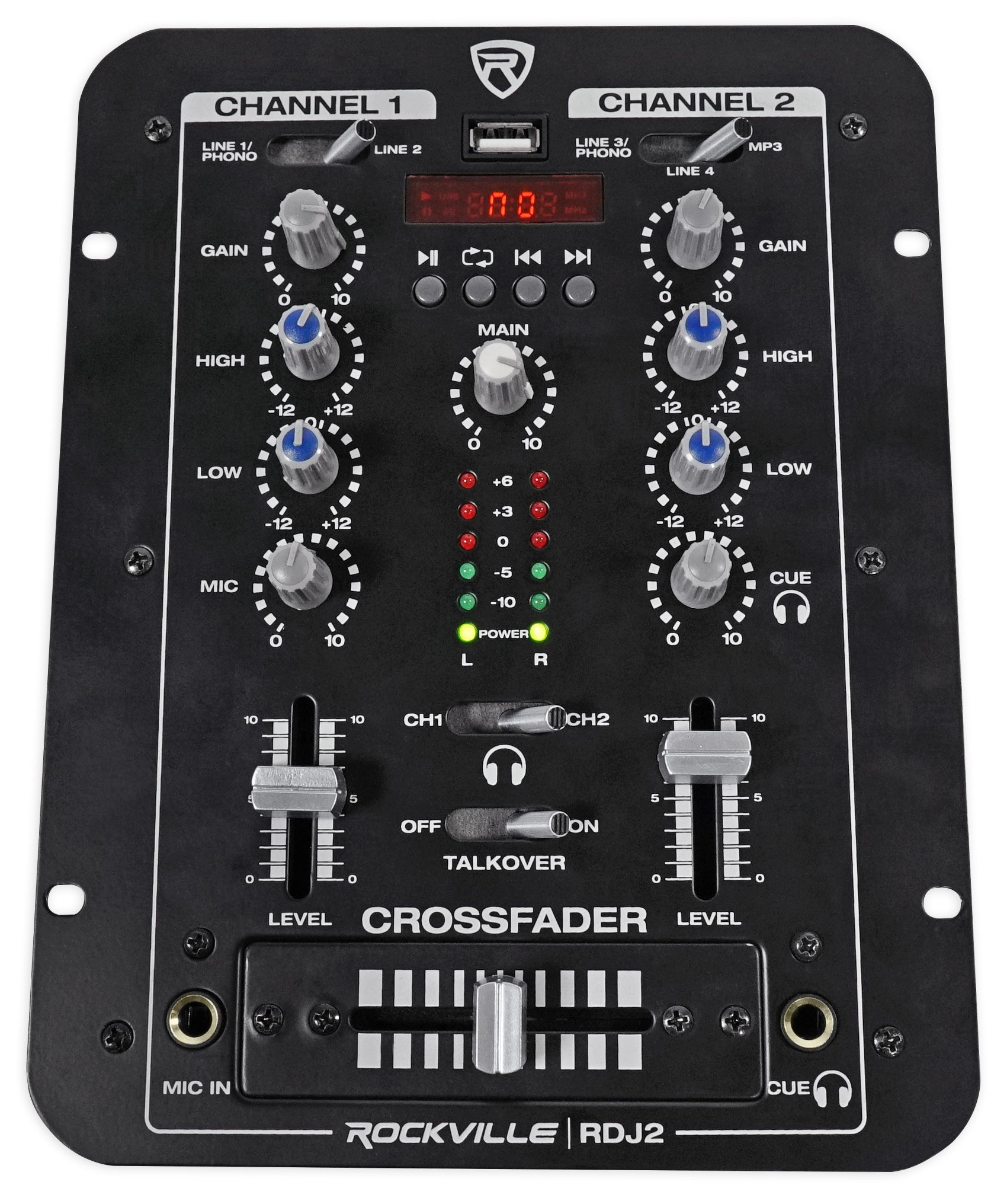 Rockville 2 Channel DJ Mixer with USB, Cue Monitor, Talkover, 4 Line Inputs (RDJ2)