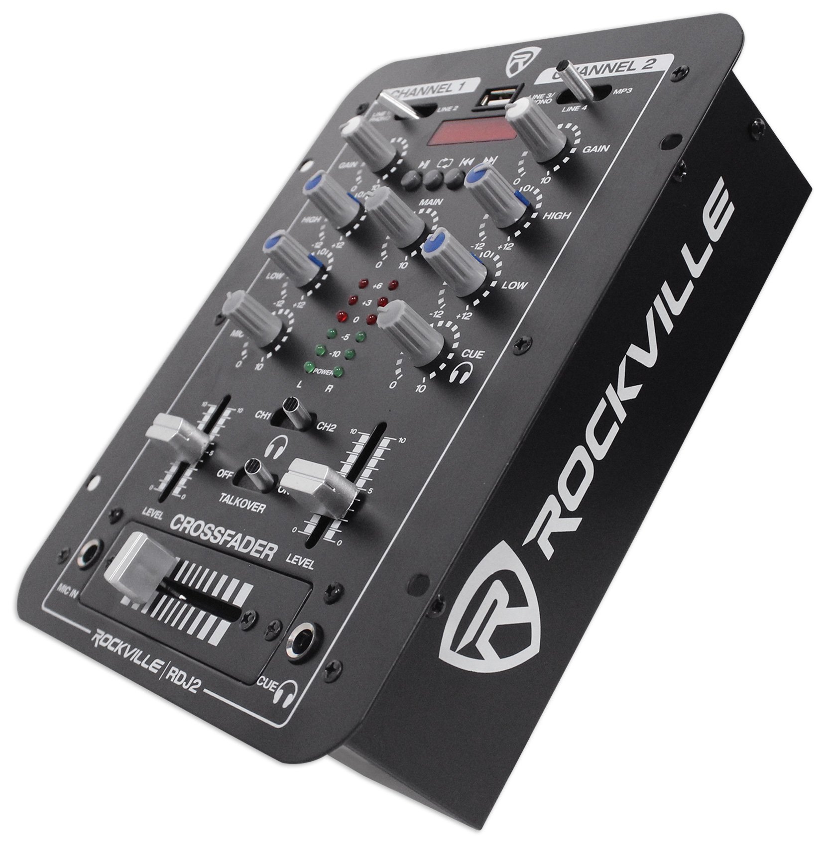 Rockville 2 Channel DJ Mixer with USB, Cue Monitor, Talkover, 4 Line Inputs (RDJ2)