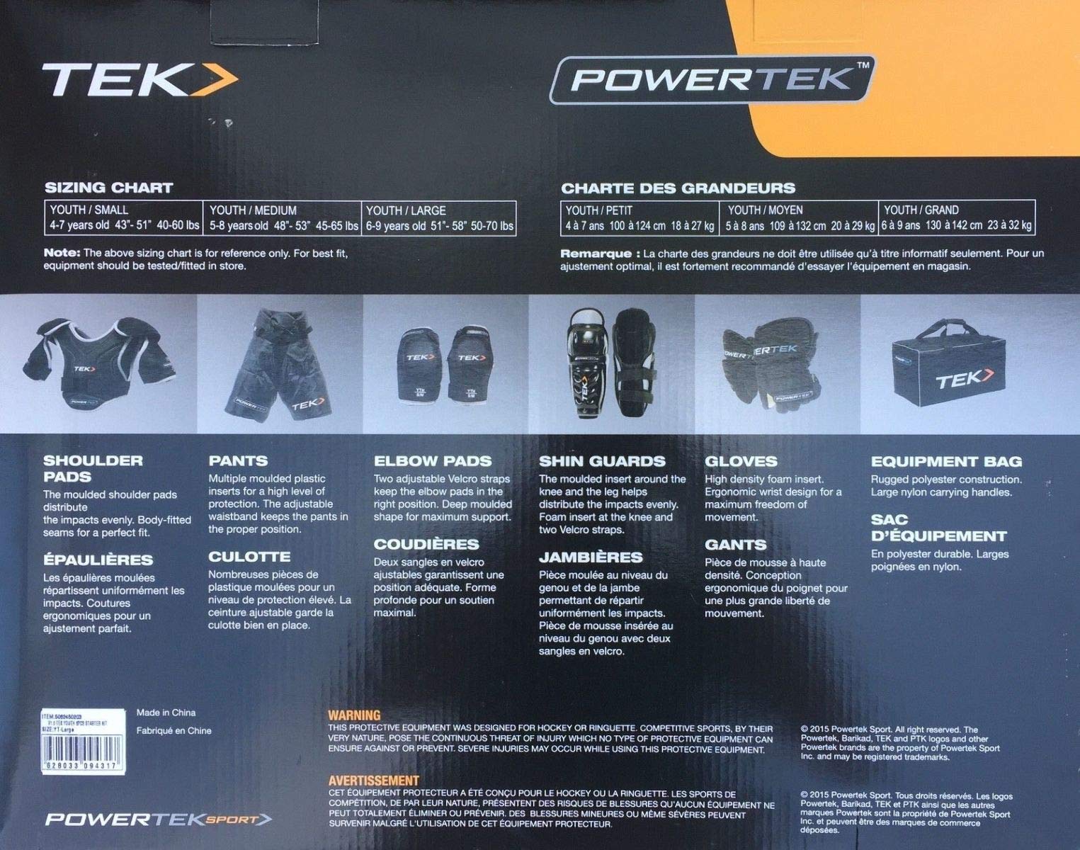 PowerTek V3.0 6-Piece Youth Ice Hockey Equipment Pads, Starter Set Kit (Large)