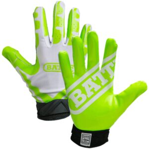 battle sports ultra-stick wide receiver football gloves - adult & youth football gloves - youth small, neon green/white