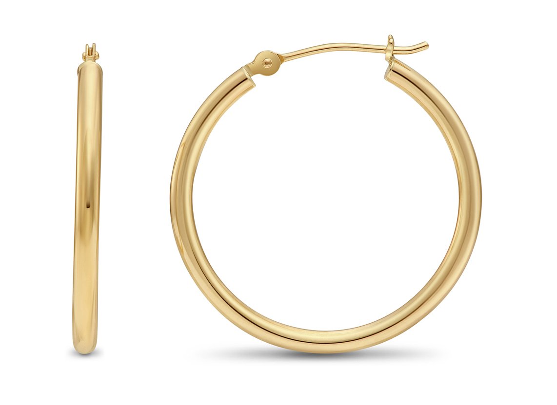 14k Yellow Gold 2mm Tube Polished Round Hoop Earrings, 25mm (1 inch Diameter)…