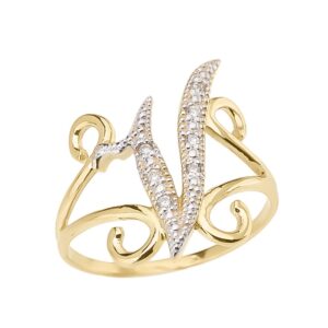 initial rings 14k yellow gold modern cursive v diamond (size 7.25)