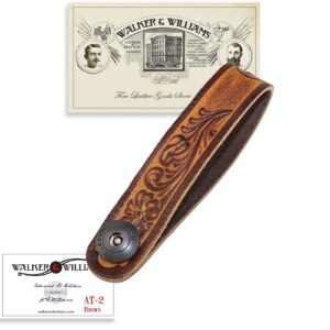 Walker & Williams AT-2 Brown Carving Leather Acoustic Guitar Strap Button Headstock Adaptor For Acoustic, Electric, And Bass Guitars