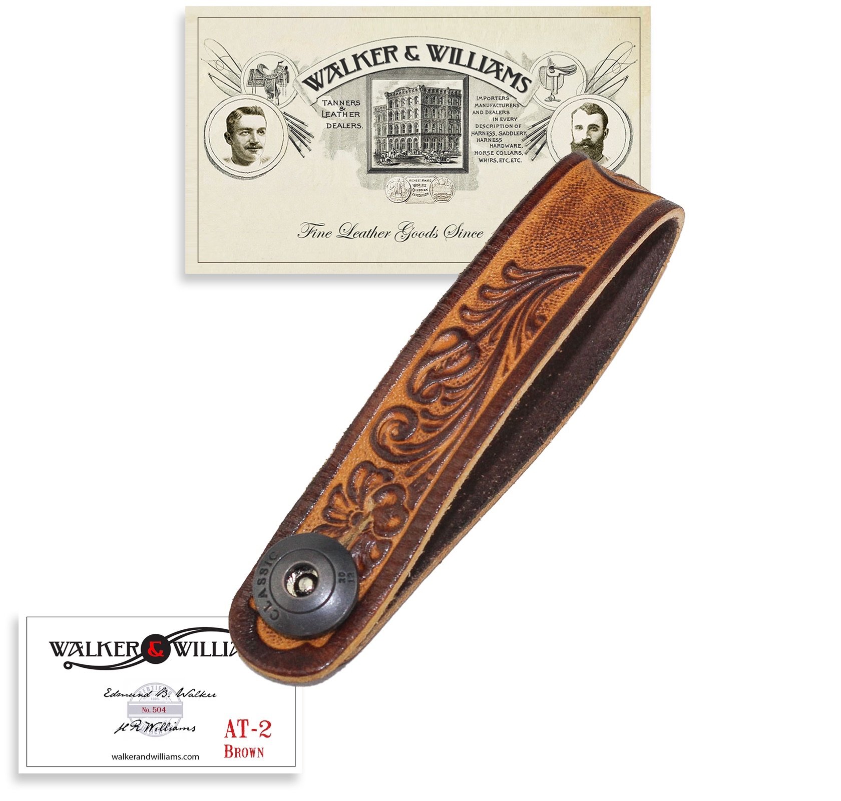 Walker & Williams AT-2 Brown Carving Leather Acoustic Guitar Strap Button Headstock Adaptor For Acoustic, Electric, And Bass Guitars