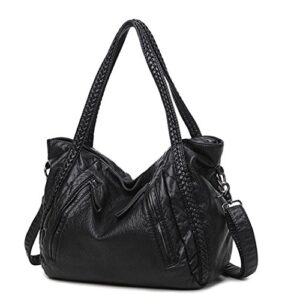 big capacity slouchy soft leather women black handbag shoulder hobo bag lady tote purse crossbody satchel (large)