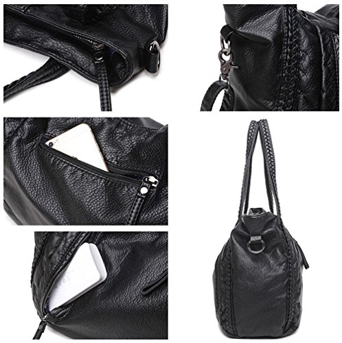 Big Capacity Slouchy Soft Leather Women Black Handbag Shoulder Hobo Bag Lady Tote Purse Crossbody Satchel (Large)