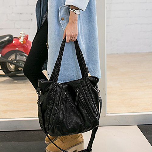 Big Capacity Slouchy Soft Leather Women Black Handbag Shoulder Hobo Bag Lady Tote Purse Crossbody Satchel (Large)