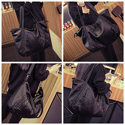 Big Capacity Slouchy Soft Leather Women Black Handbag Shoulder Hobo Bag Lady Tote Purse Crossbody Satchel (Large)