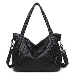 Big Capacity Slouchy Soft Leather Women Black Handbag Shoulder Hobo Bag Lady Tote Purse Crossbody Satchel (Large)