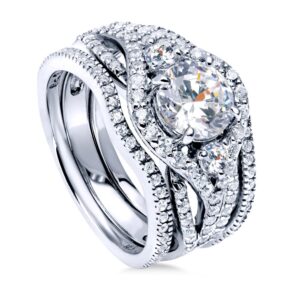 berricle sterling silver 3-stone wedding engagement rings round cubic zirconia cz ring set for women, rhodium plated size 8.5