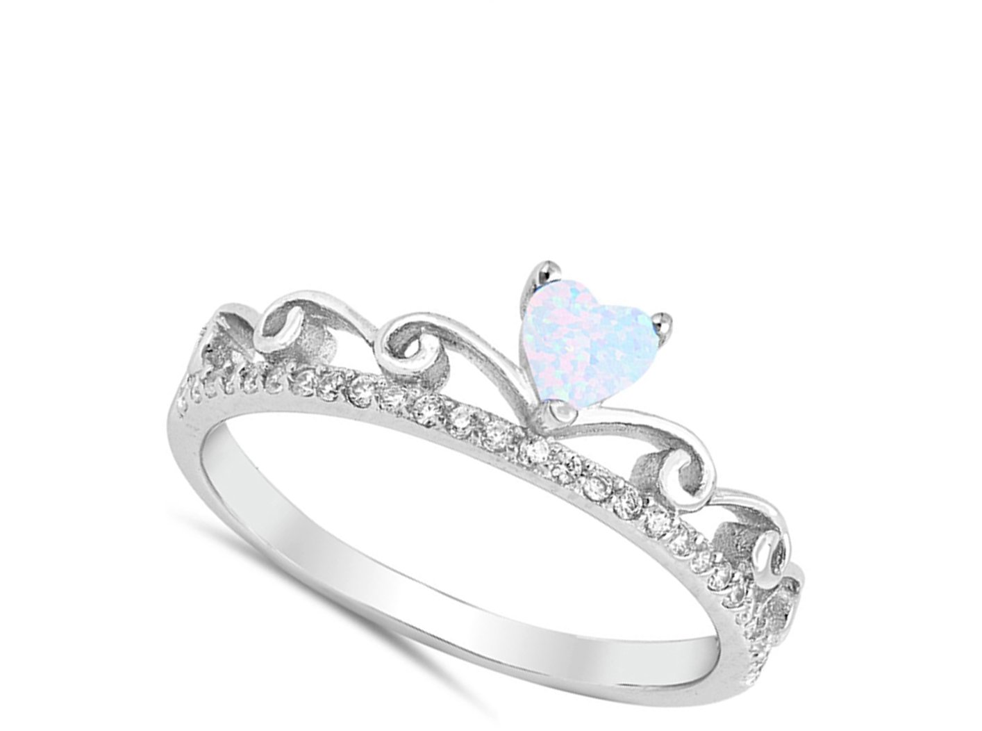 Clear CZ White Simulated Opal Heart Tiara Ring .925 Sterling Silver Band Size 6