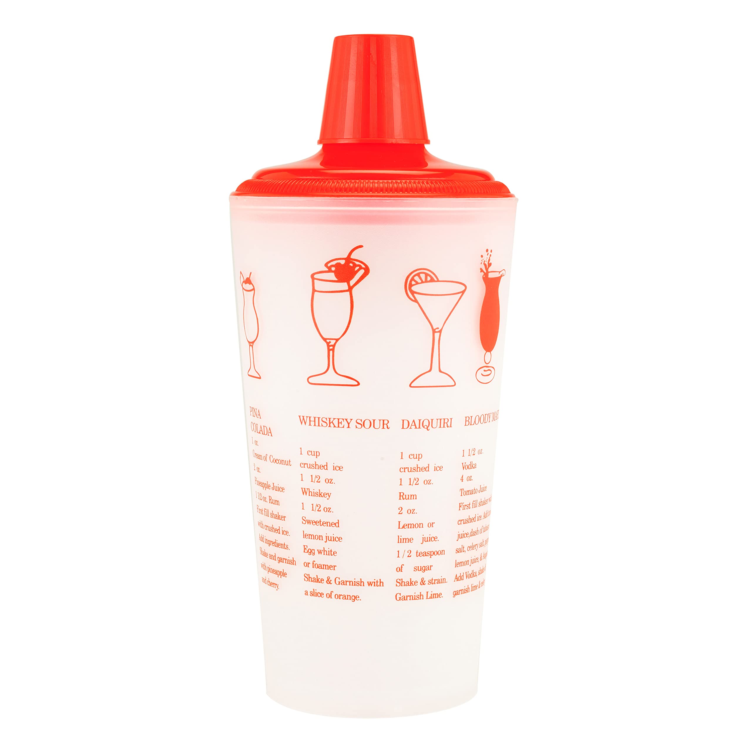 Collins Red Cocktail Recipe Shaker with Cap and Built In Strainer, 30 oz