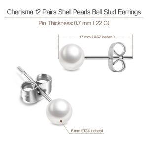 Charisma 6mm Composite Pearl Earrings Round Ball Pearls Stud Earrings Hypoallergenic 12 Pairs Imitation Pearl Earrings Set for Women