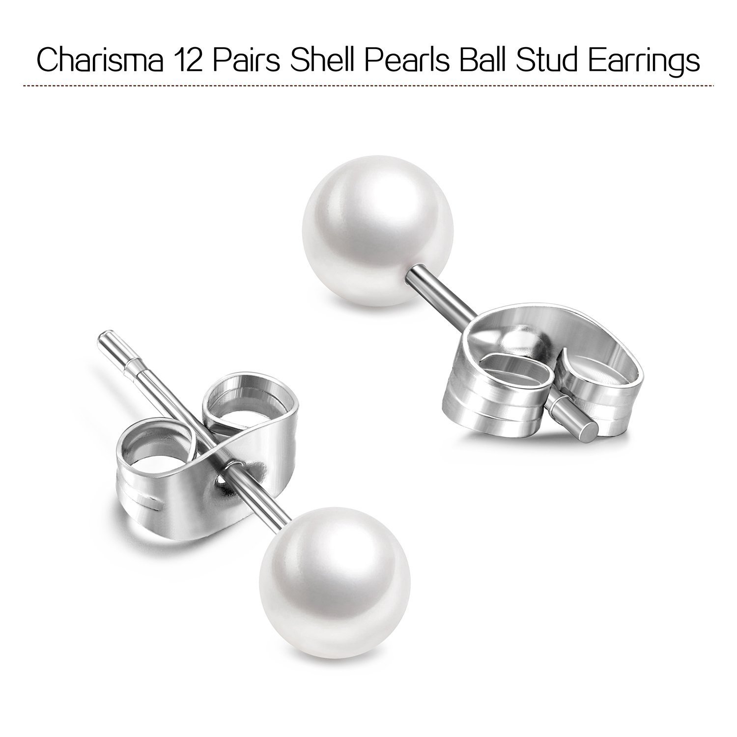 Charisma 6mm Composite Pearl Earrings Round Ball Pearls Stud Earrings Hypoallergenic 12 Pairs Imitation Pearl Earrings Set for Women