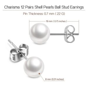 Charisma 8mm Composite Pearl Earrings Round Ball Pearls Stud Earrings Hypoallergenic 12 Pairs Imitation Pearl Earrings Set for Women