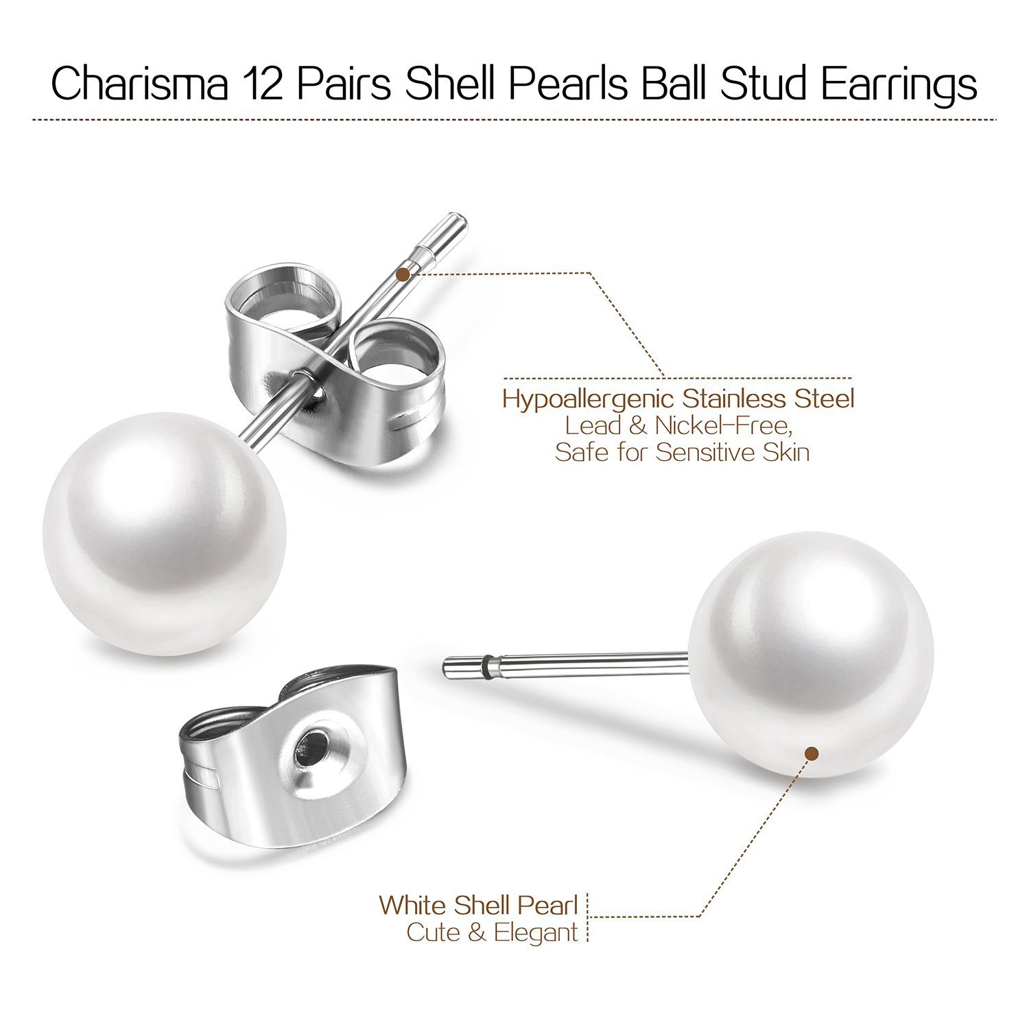 Charisma 8mm Composite Pearl Earrings Round Ball Pearls Stud Earrings Hypoallergenic 12 Pairs Imitation Pearl Earrings Set for Women