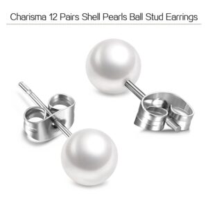 Charisma 8mm Composite Pearl Earrings Round Ball Pearls Stud Earrings Hypoallergenic 12 Pairs Imitation Pearl Earrings Set for Women