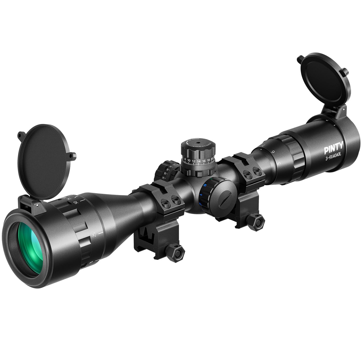 Pinty 3-9X40 Rifle Scope AO Red Green Blue Illuminated Mil Dot with Flip-Open Covers, Sunshade Tube