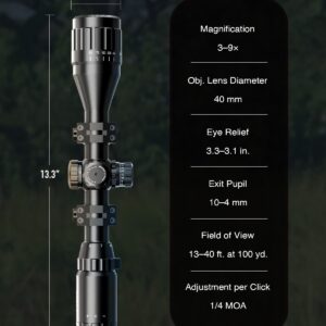 Pinty 3-9X40 Rifle Scope AO Red Green Blue Illuminated Mil Dot with Flip-Open Covers, Sunshade Tube