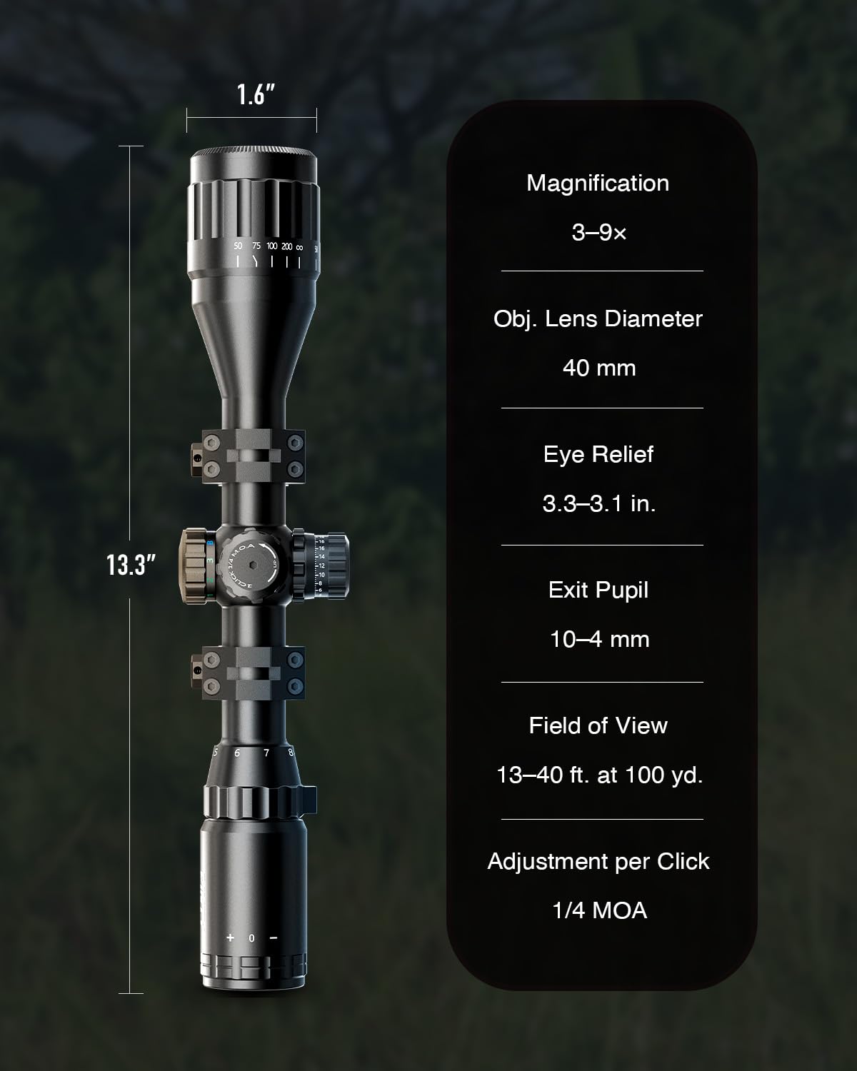 Pinty 3-9X40 Rifle Scope AO Red Green Blue Illuminated Mil Dot with Flip-Open Covers, Sunshade Tube