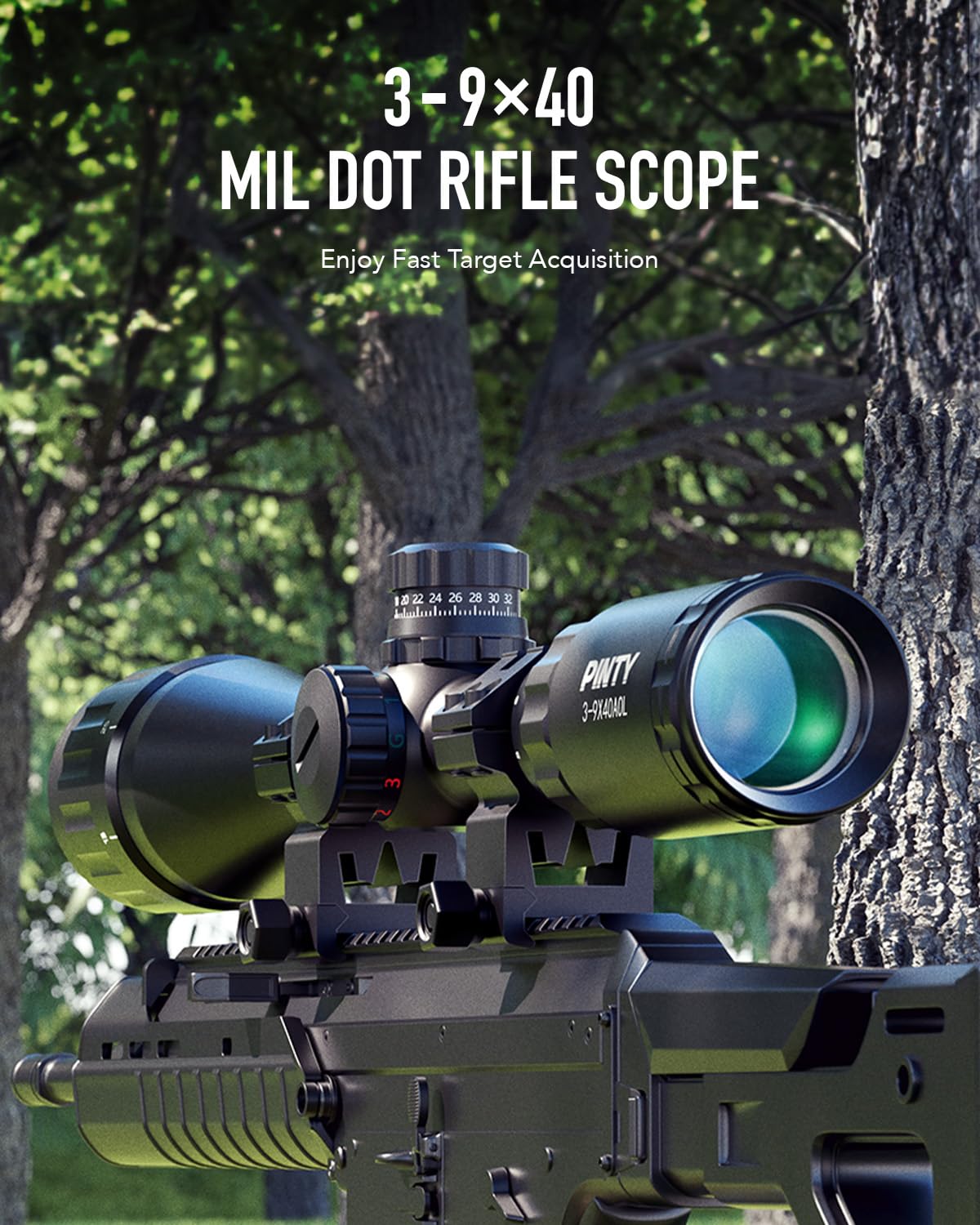 Pinty 3-9X40 Rifle Scope AO Red Green Blue Illuminated Mil Dot with Flip-Open Covers, Sunshade Tube