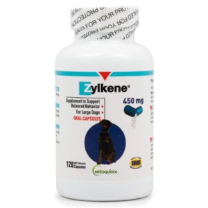 vetoquinol zylkene calming support supplement for large dogs 33-132lbs, helps promote relaxation and reduce external stress factors, daily behavioral support and anxiety relief for dogs, 450mg