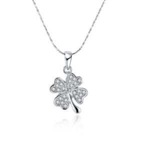 nabtyjc platinum plated four leaf clover pendant necklace, heart leaves paved with cubic zirconium diamond gift for women girls 18"+2" extension chain