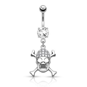 cz paved skull with cross bones dangle 316l surgical steel belly button wildklass navel rings (sold by piece)