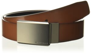 perry ellis men's portfolio 100% leather reversible belt with matte gunmetal plaque buckle (sizes 30-44 inches), brn30, 34