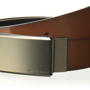 Perry Ellis Men's Portfolio 100% Leather Reversible Belt With Matte Gunmetal Plaque Buckle (Sizes 30-44 Inches), Brn30, 34