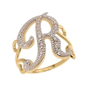 initial rings 10k yellow gold modern cursive r diamond (size 7)