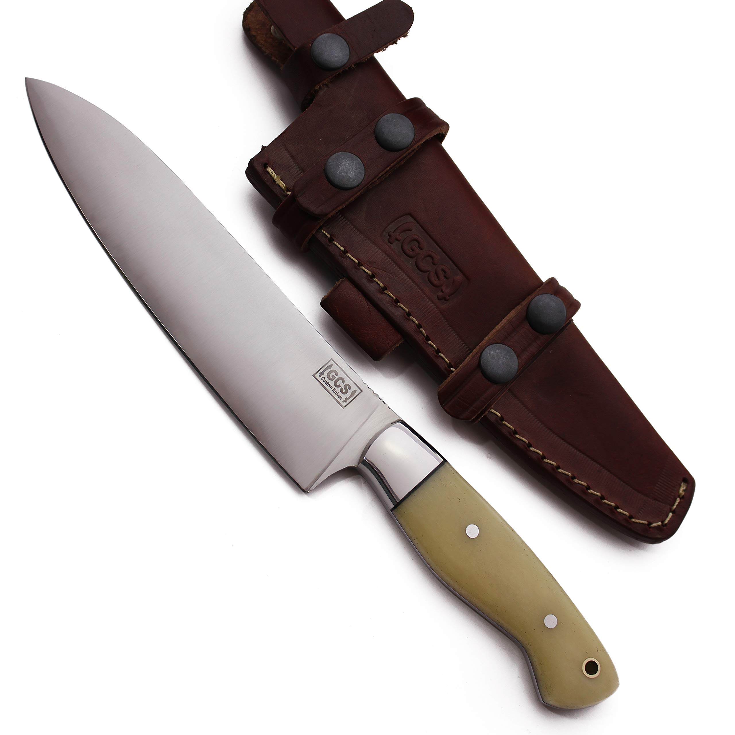 GCS Handmade Bone Handle D2 Tool Steel Chef Knife with leather sheath Full tang blade designed for Hunting & EDC GCS 132