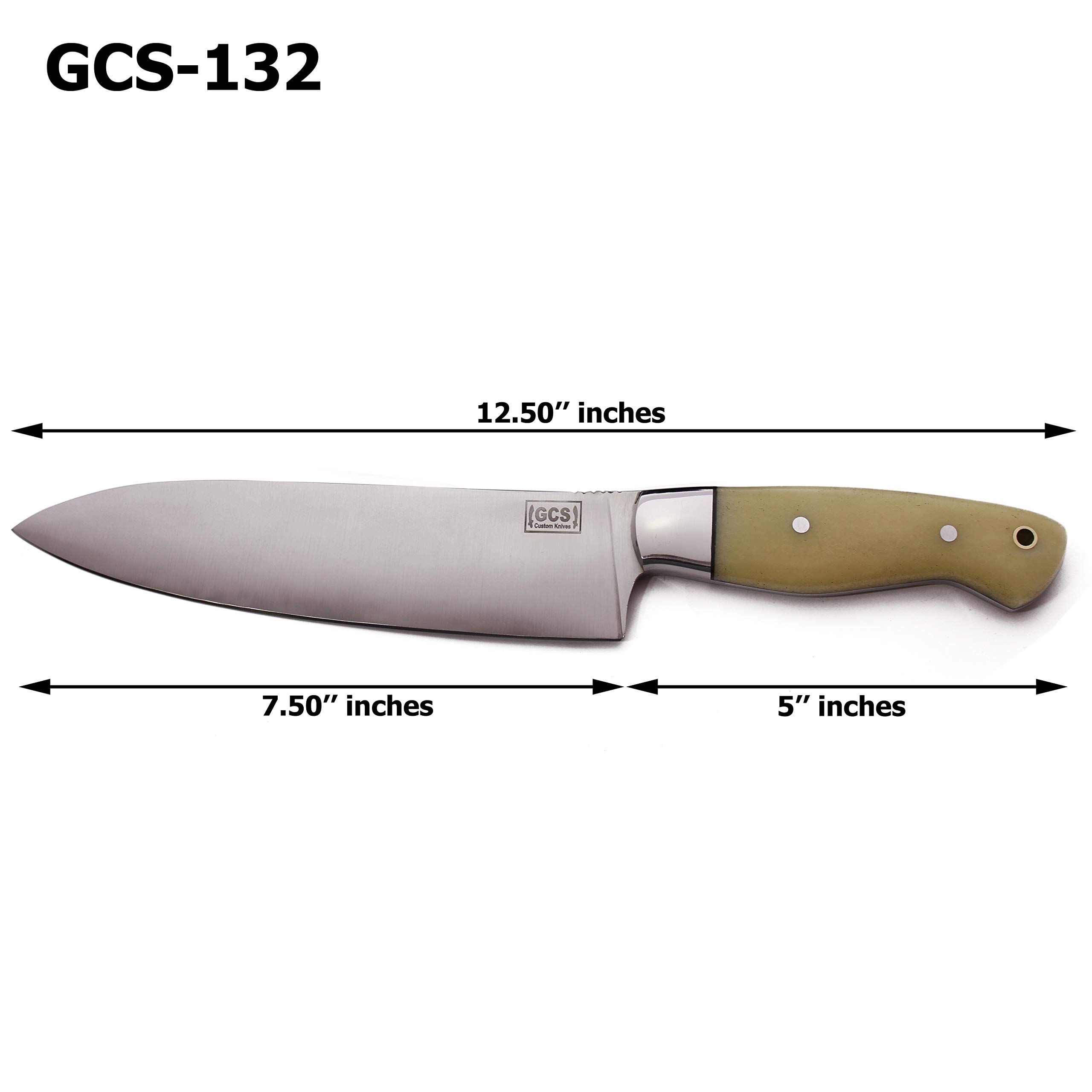 GCS Handmade Bone Handle D2 Tool Steel Chef Knife with leather sheath Full tang blade designed for Hunting & EDC GCS 132