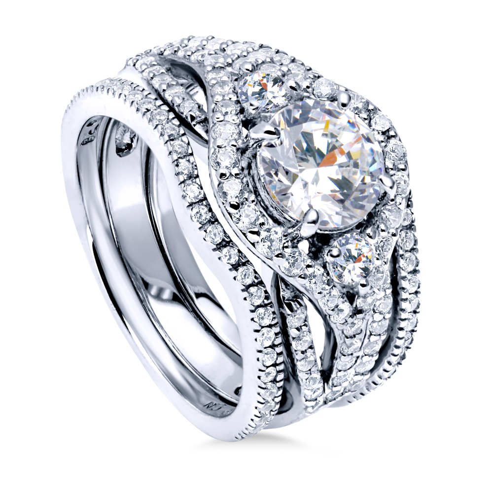 BERRICLE Sterling Silver 3-Stone Wedding Engagement Rings Round Cubic Zirconia CZ Ring Set for Women, Rhodium Plated Size 7.5