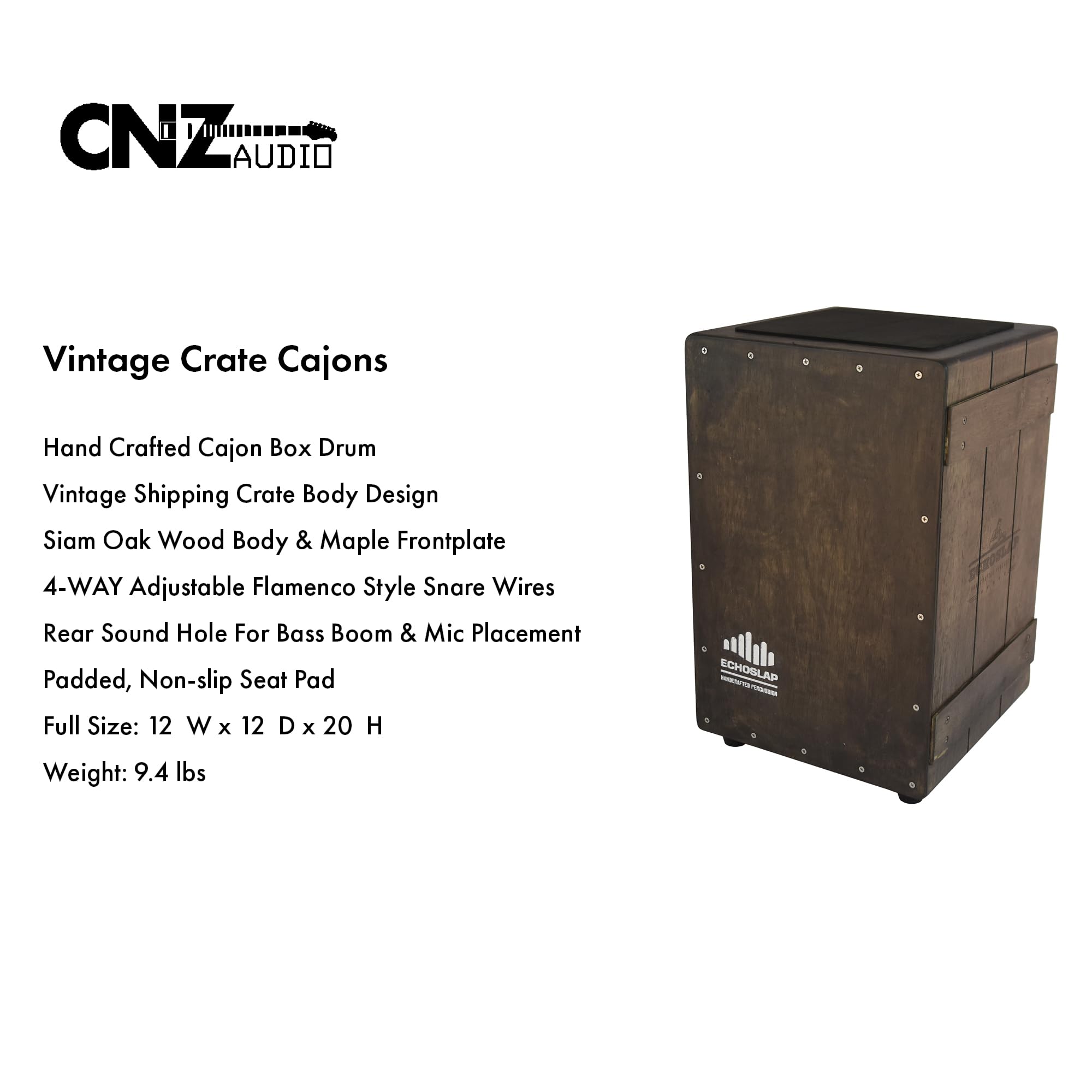 Echoslap Vintage Crate Cajon -Vintage Dark, Hand Crafted, Siam Oak Body, Maple Front Plus Gig Bag