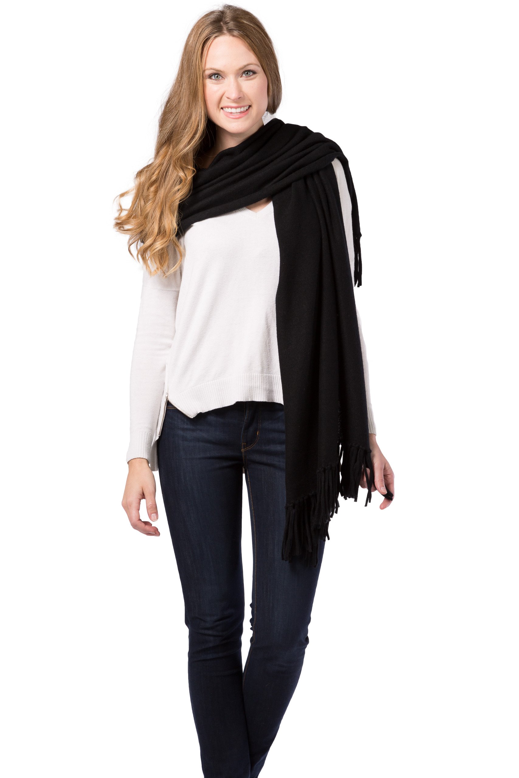 Fishers Finery Women's 100% Cashmere Knit Shawl with Fringe (Black)